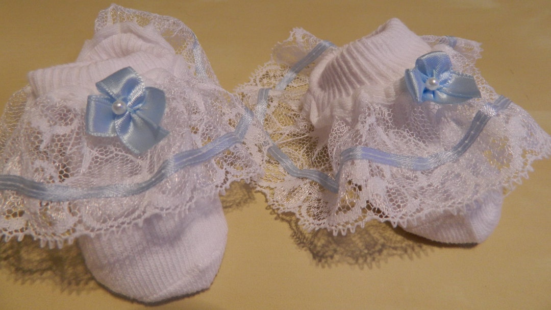 Newborn Baby White With White and Blue Ruffled Lace Socks Shoe/reborn ...