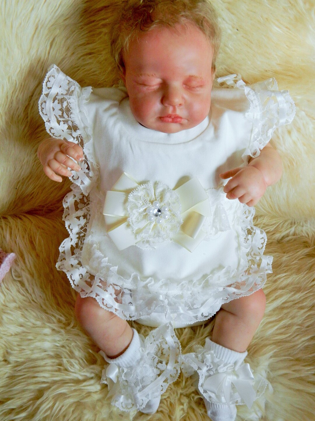 Reborn/newborn Baby Bib/burp Cloth and Frilly Socks in Cream/cream Lace ...