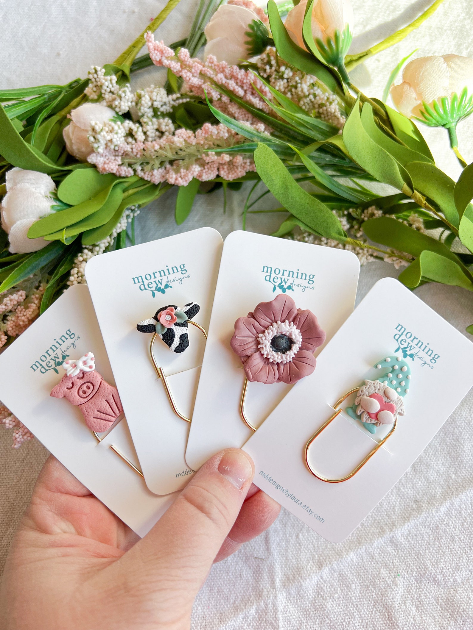 Polymer Clay Paper Clip Bookmark: Pig, Cow, Gnome, Anemone Flower - Etsy