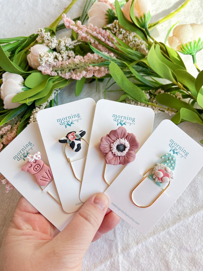 Polymer Clay Paper Clip Bookmark: Pig, Cow, Gnome, Anemone Flower - Etsy