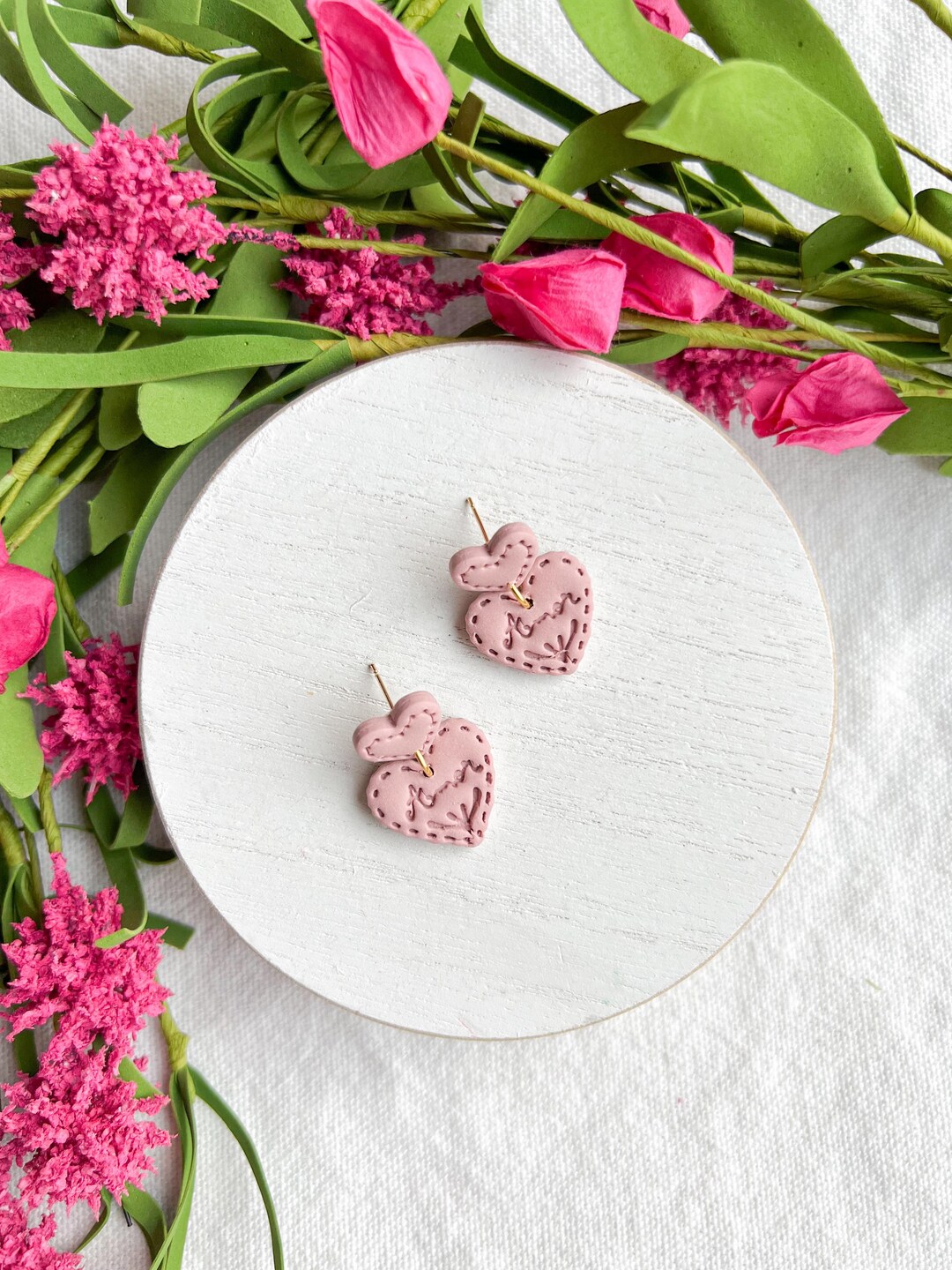 Pink Stitch Embroidered Heart Polymer Clay Earrings - Etsy