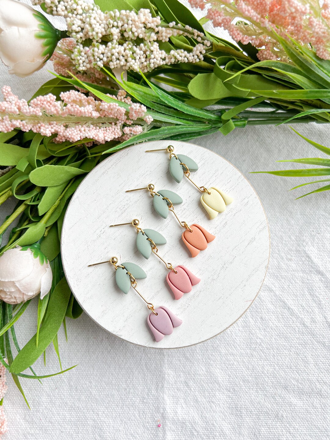 Soft Pastel Tulip Polymer Clay Earrings Muted Peach Tulip Dangles Lilac ...