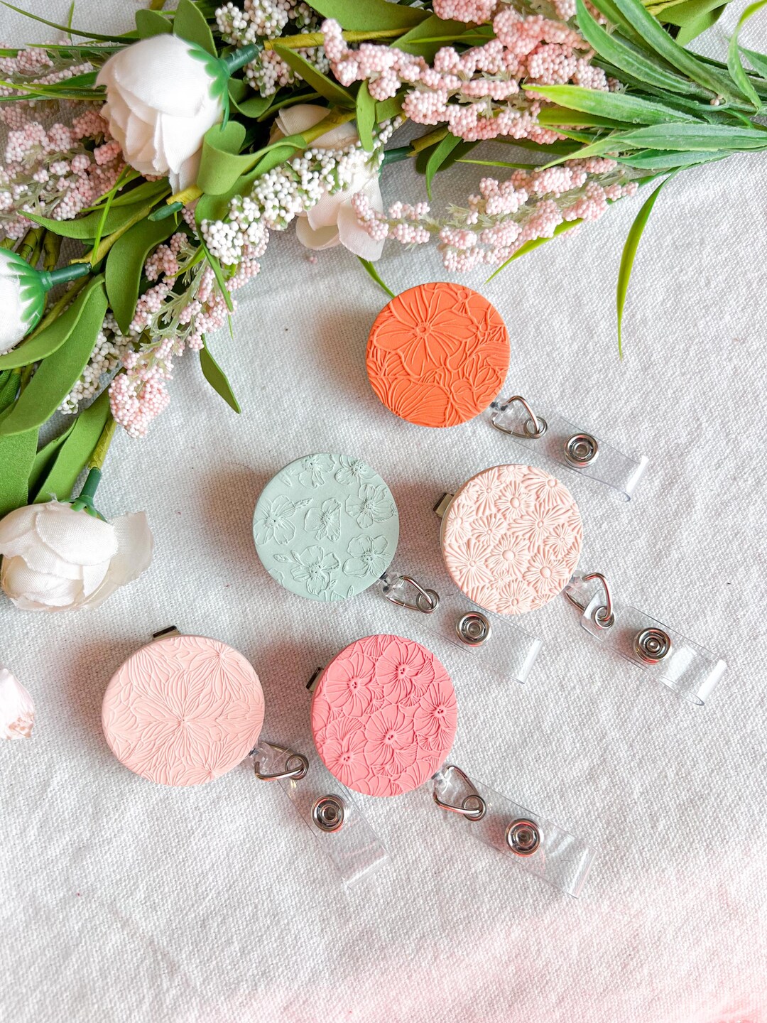 Floral Polymer Clay ID Badge: Textured Teacher Nurse Badge - Etsy