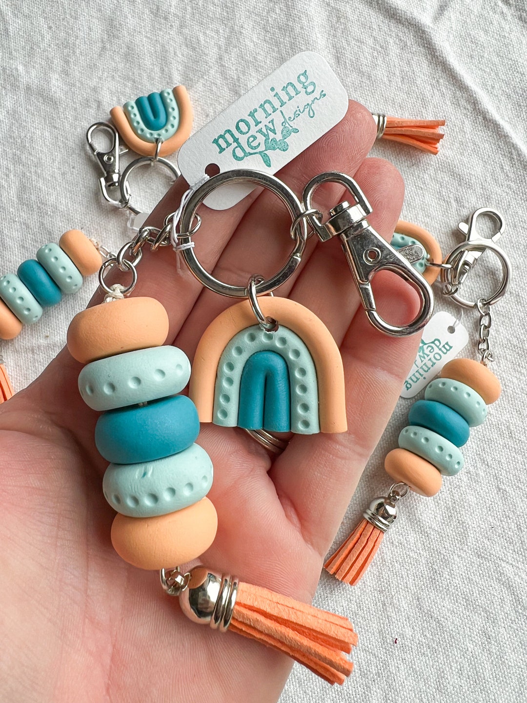 Tangerine, Sky Blue, and Turquoise Rainbow Polymer Clay Keychain - Etsy