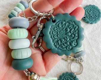 Turquoise and Blue Beaded Polymer Clay Keychain - Etsy