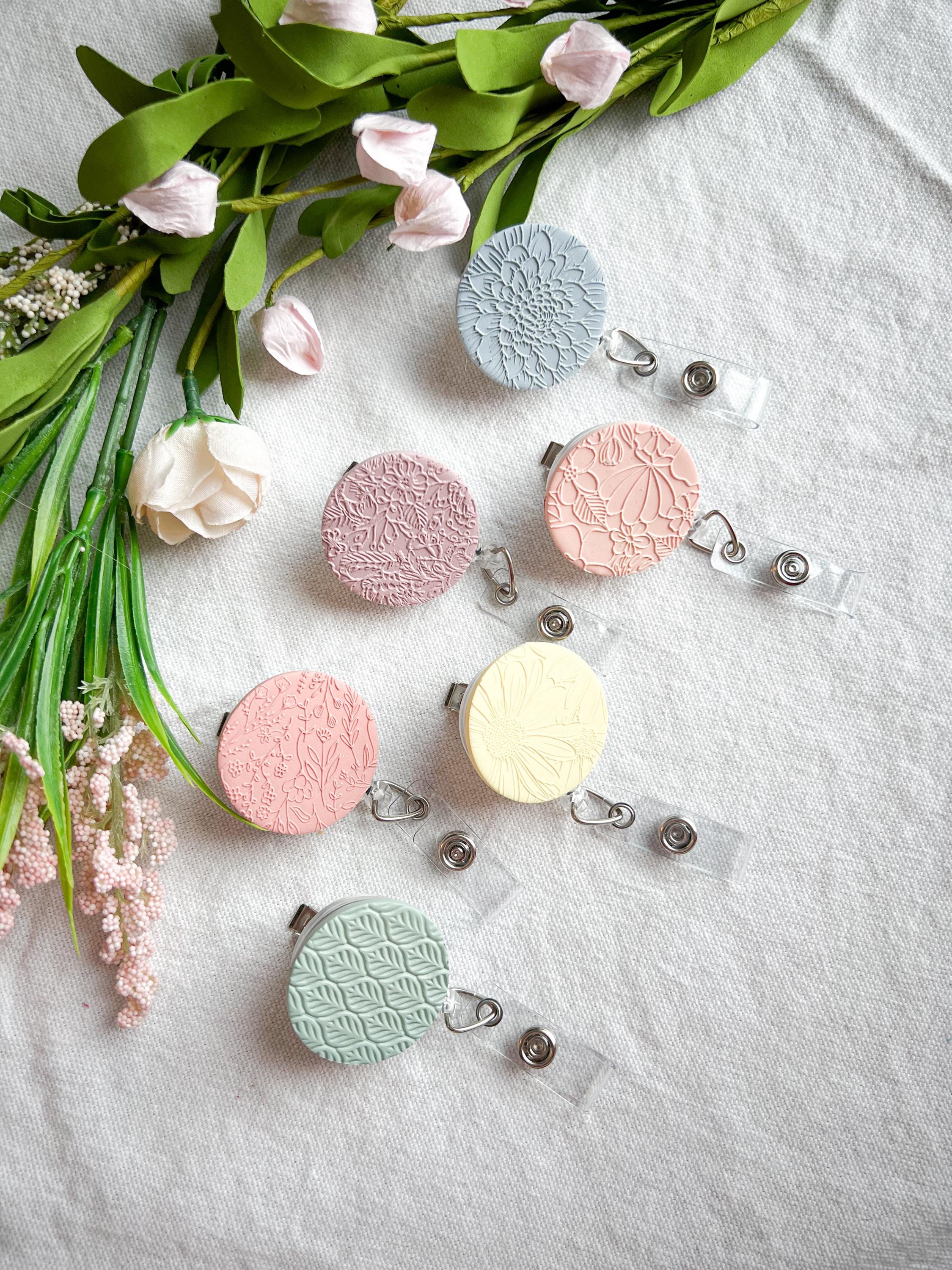 Floral Polymer Clay ID Badge: Textured Pastel Retractable Badge - Etsy