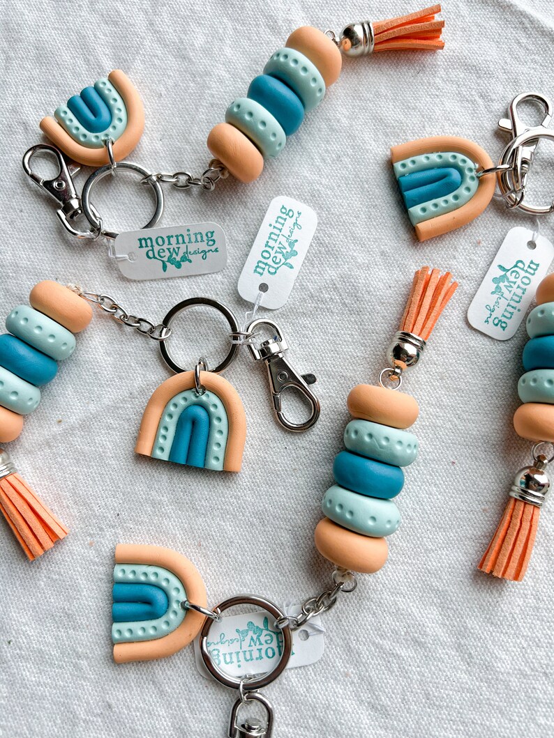 Tangerine, Sky Blue, and Turquoise Rainbow Polymer Clay Keychain - Etsy