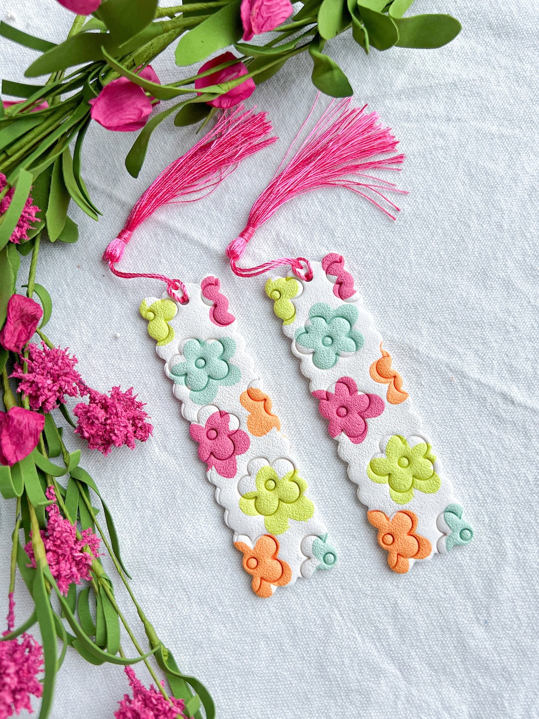 Colorful Groovy Flower Polymer Clay Bookmarks Embossed Bookmarks Floral ...
