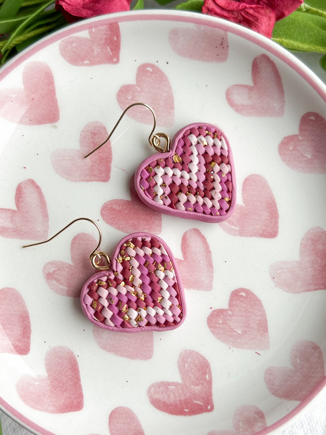 Aztec Pink Chevron Hearts Polymer Clay Earrings - Etsy