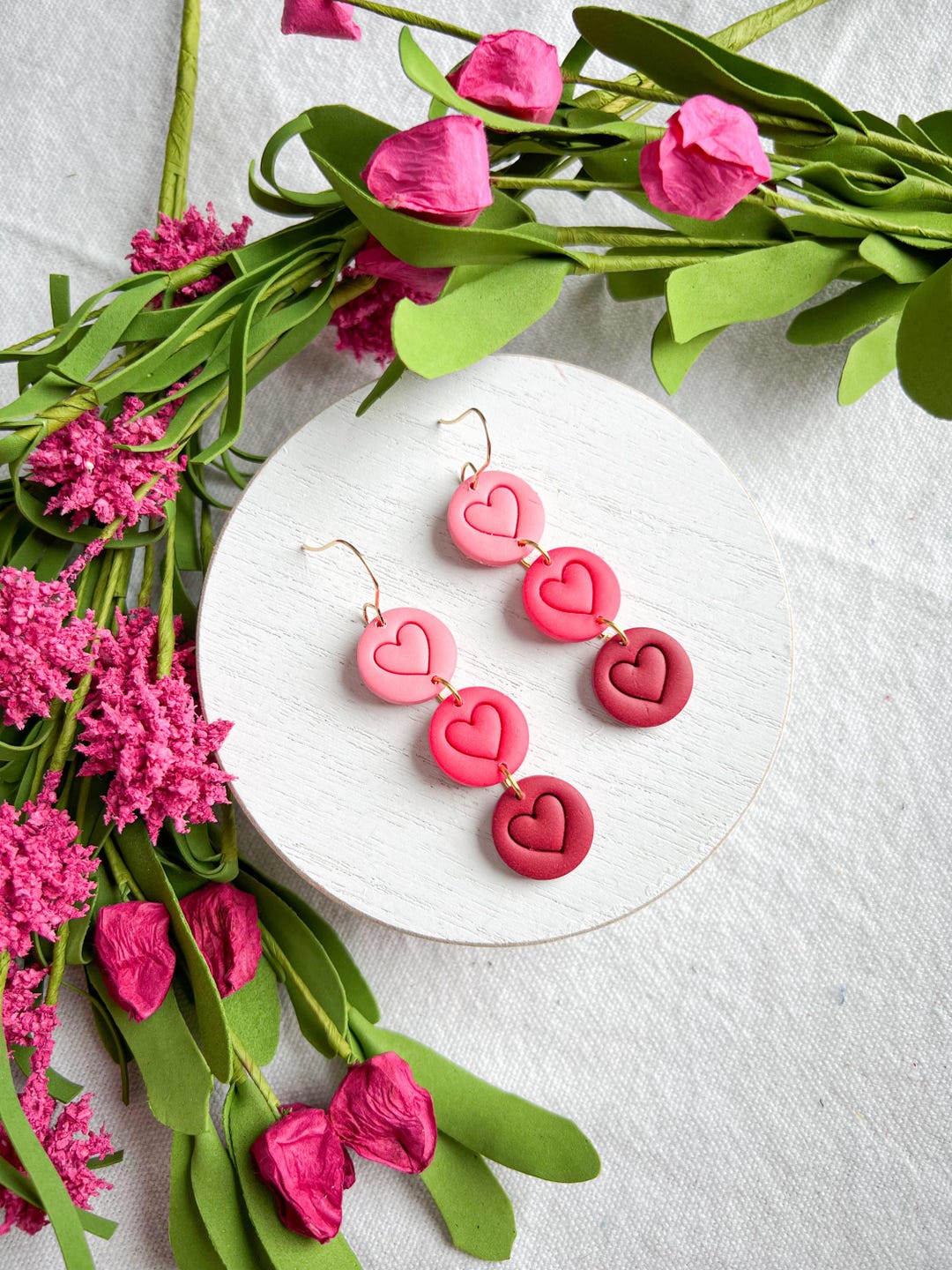 3 Tiered Ombre Pink Heart Polymer Clay Dangles - Etsy