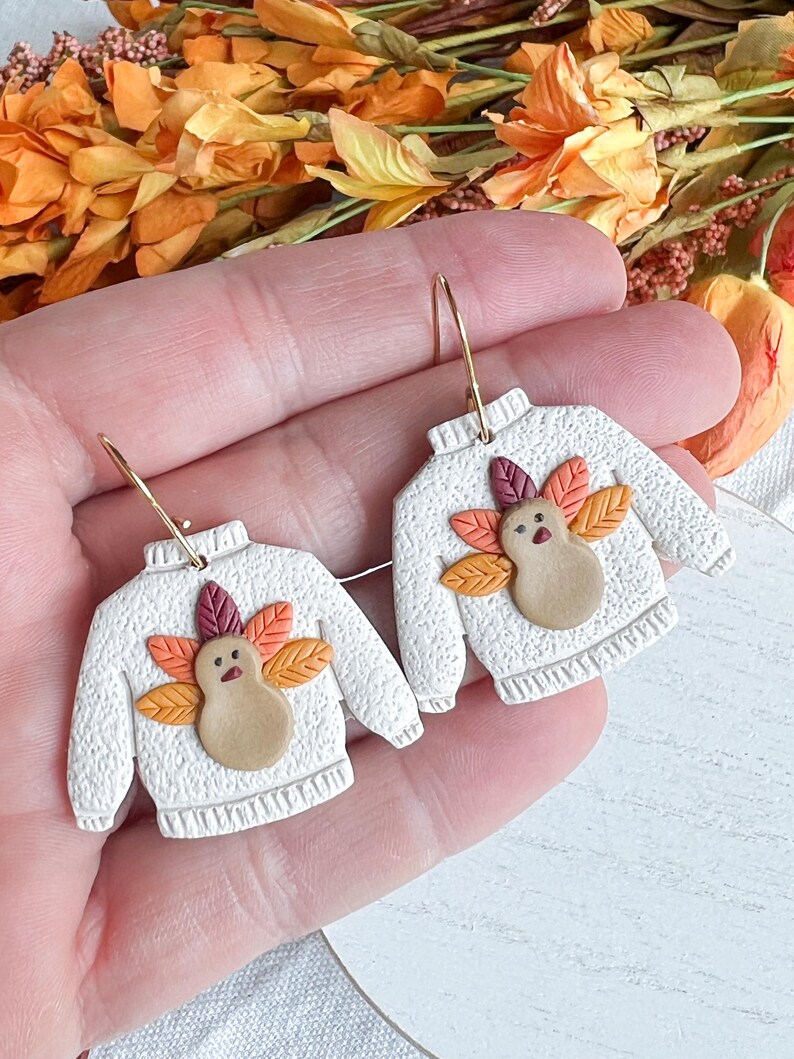 Thanksgiving/fall Turkey Sweater Polymer Clay Earrings - Etsy