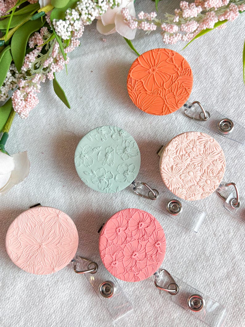 Floral Polymer Clay ID Badge: Textured Teacher Nurse Badge - Etsy
