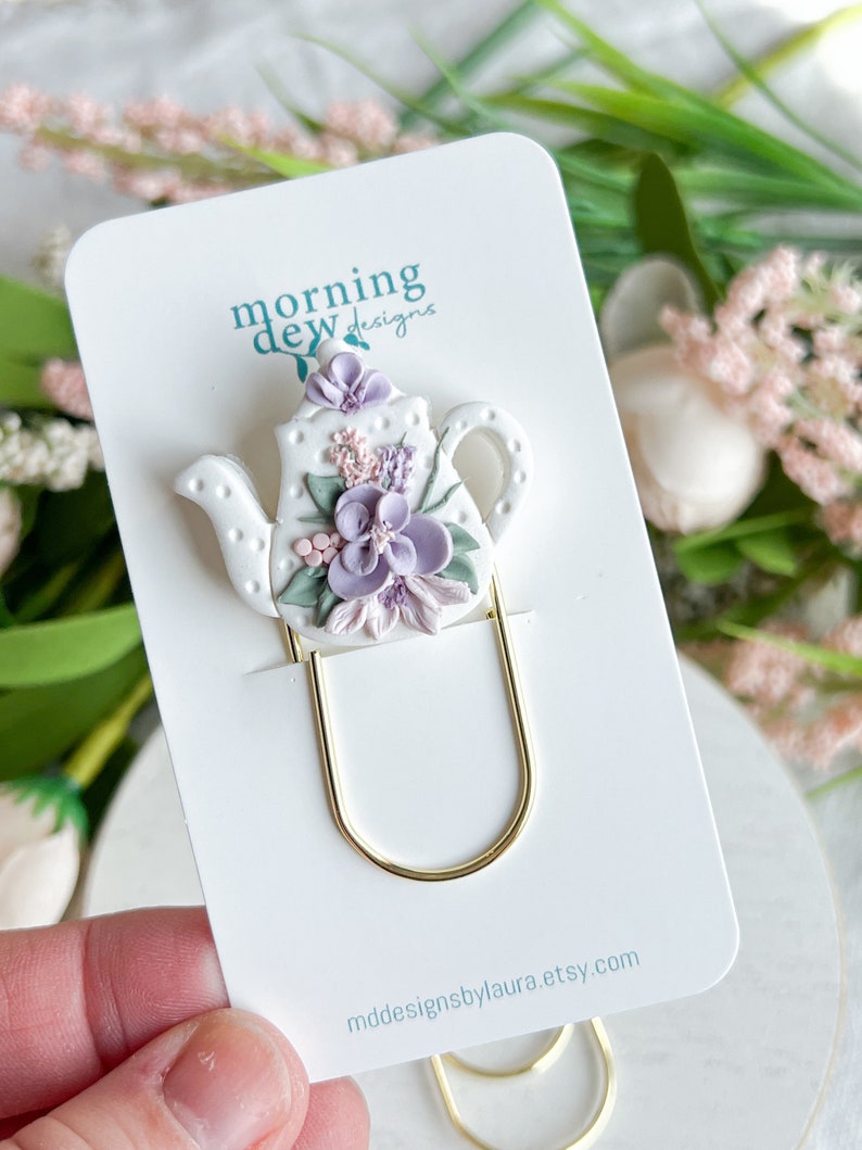 Purple Floral Teapot Polymer Clay Paperclip Bookmark - Etsy