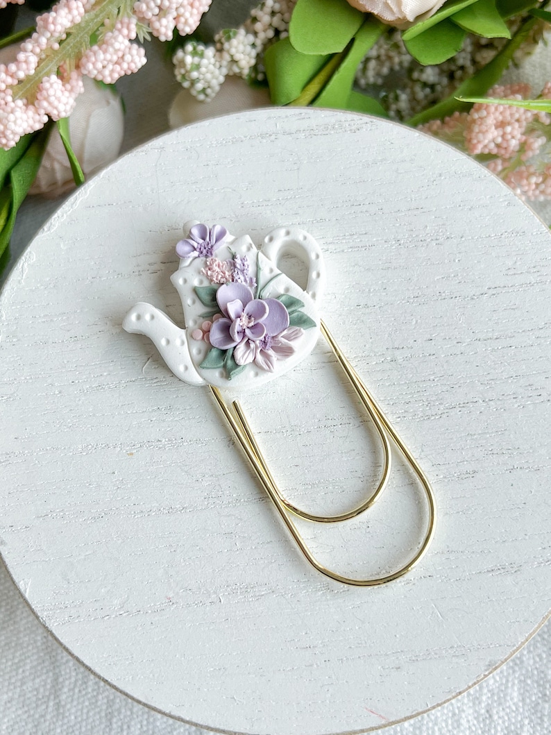 Purple Floral Teapot Polymer Clay Paperclip Bookmark - Etsy