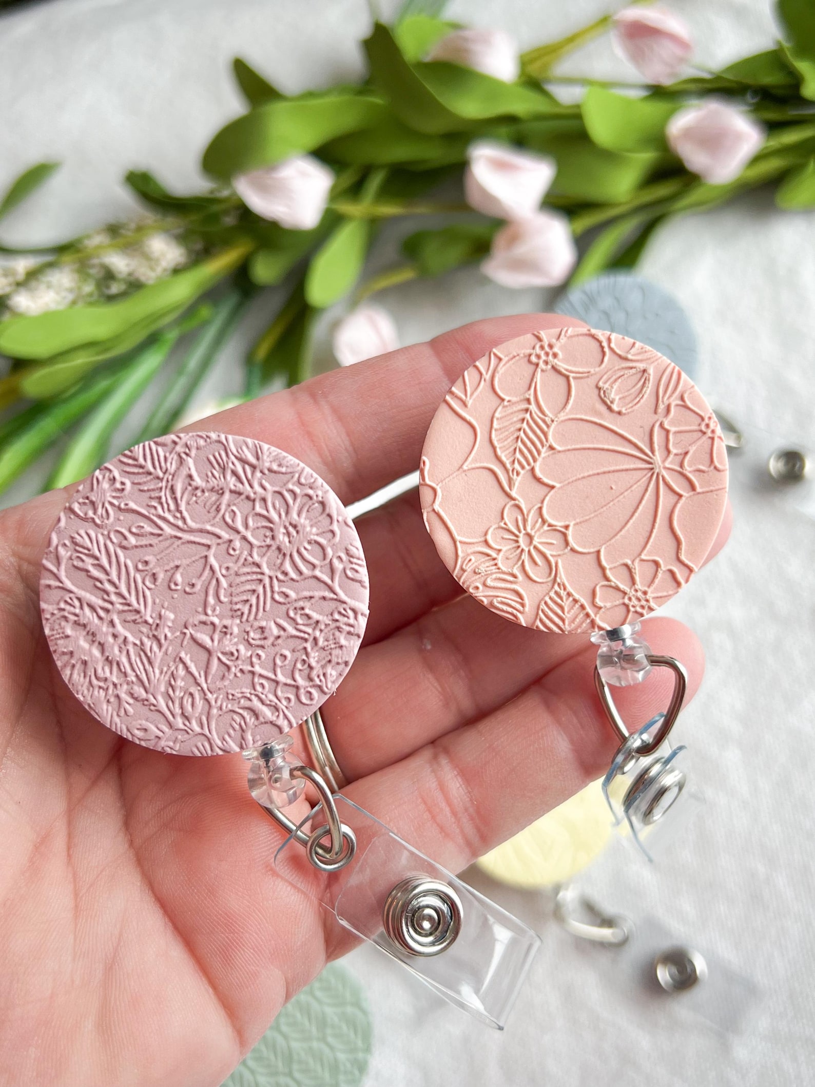 Floral Polymer Clay ID Badge: Textured Pastel Retractable Badge - Etsy
