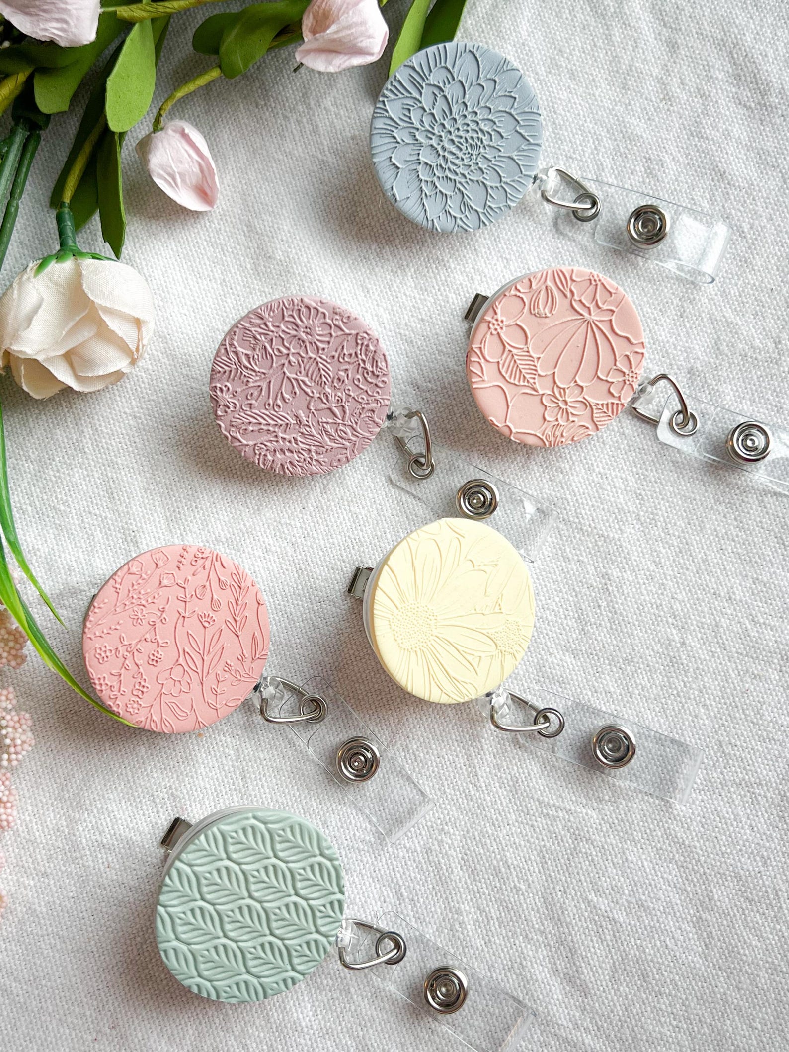 Floral Polymer Clay ID Badge: Textured Pastel Retractable Badge - Etsy