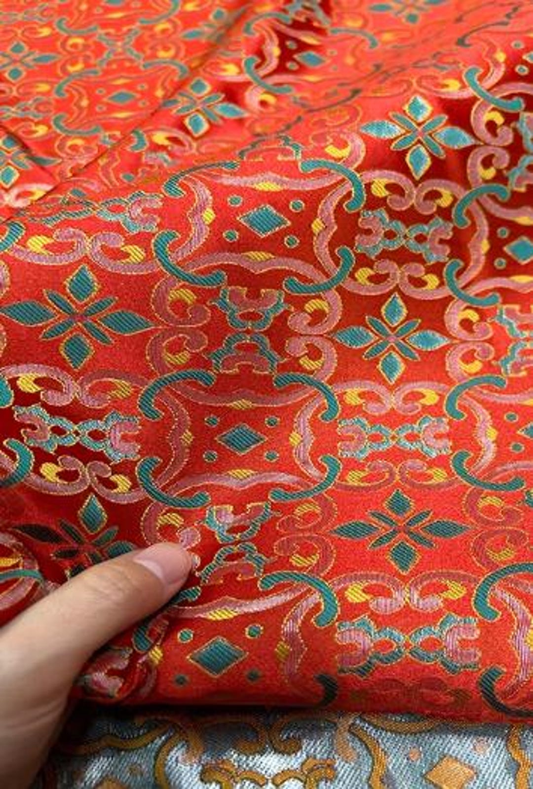 Red Color Brocade Fabric With Green Yellow Pattern, Wide Brocade Fabric ...