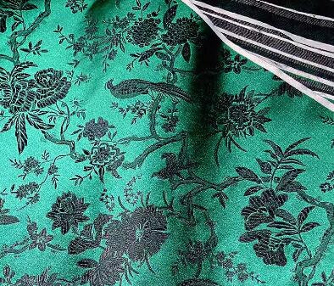 Hunter Green Color Brocade Fabric With Black Bird Flower Pattern ...