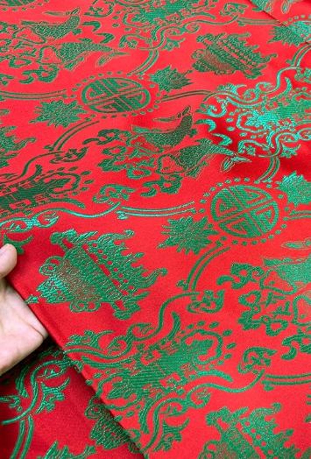 Wide Red Color Brocade Fabric With Green Pattern, Jacquard Fabric, by ...