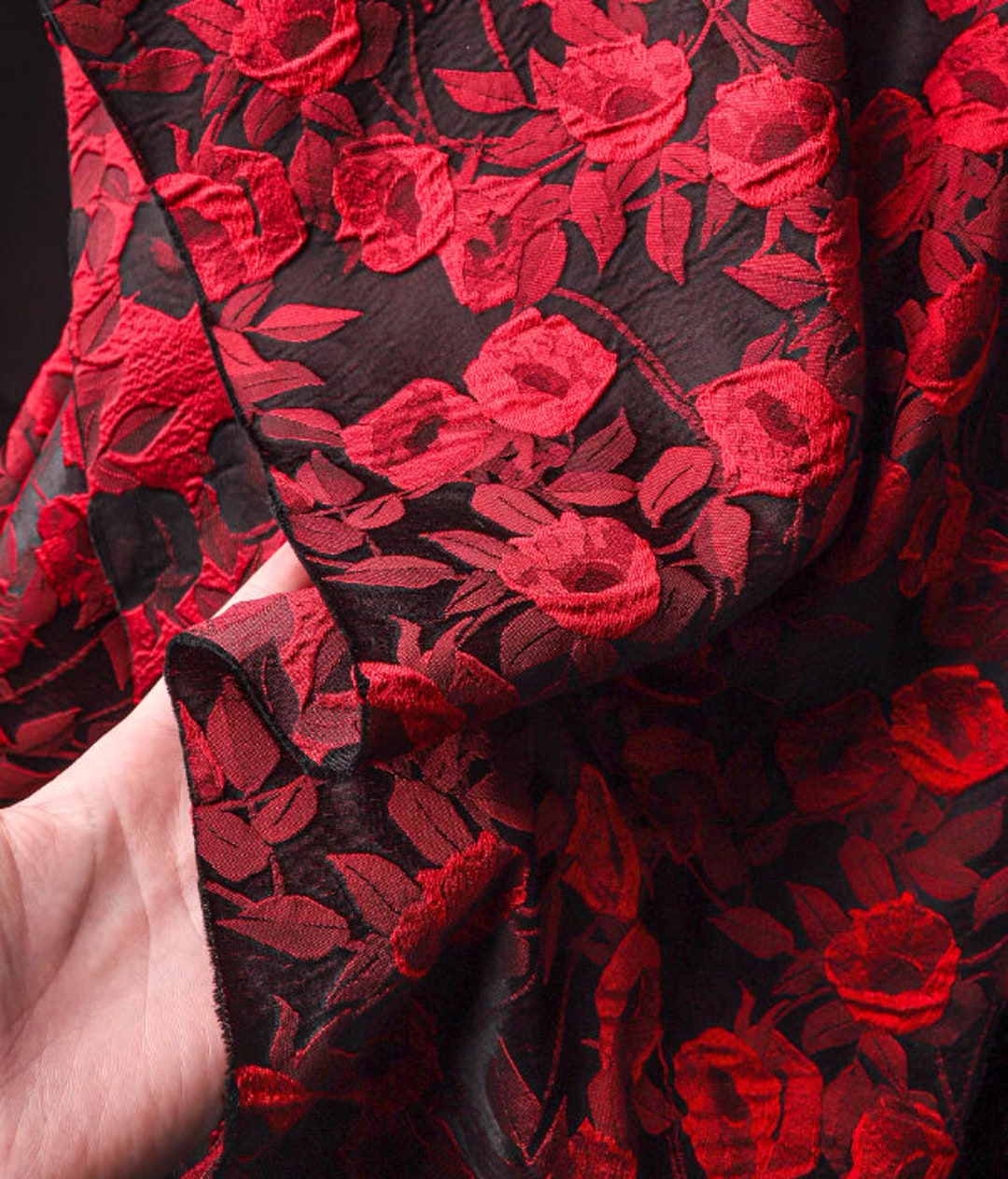 Black Red Color Jacquard Fabric With Rose Pattern, Fashion Jacket ...