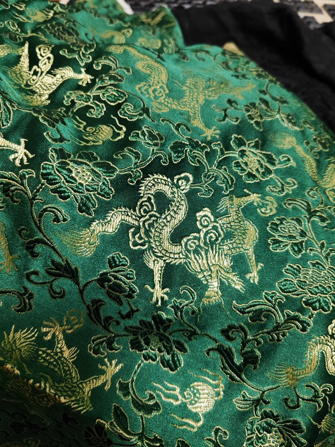 Dark Green Color Brocade Fabric With Chinese Gold Dragon Pattern ...