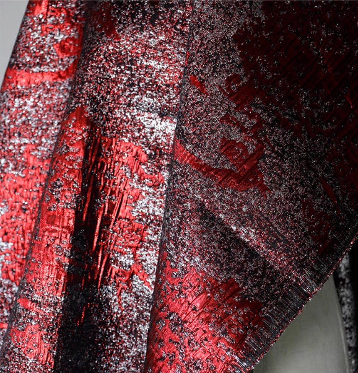 Glossy Texture Jacquard Fabric, Red Black Silver Color Coat Pants ...