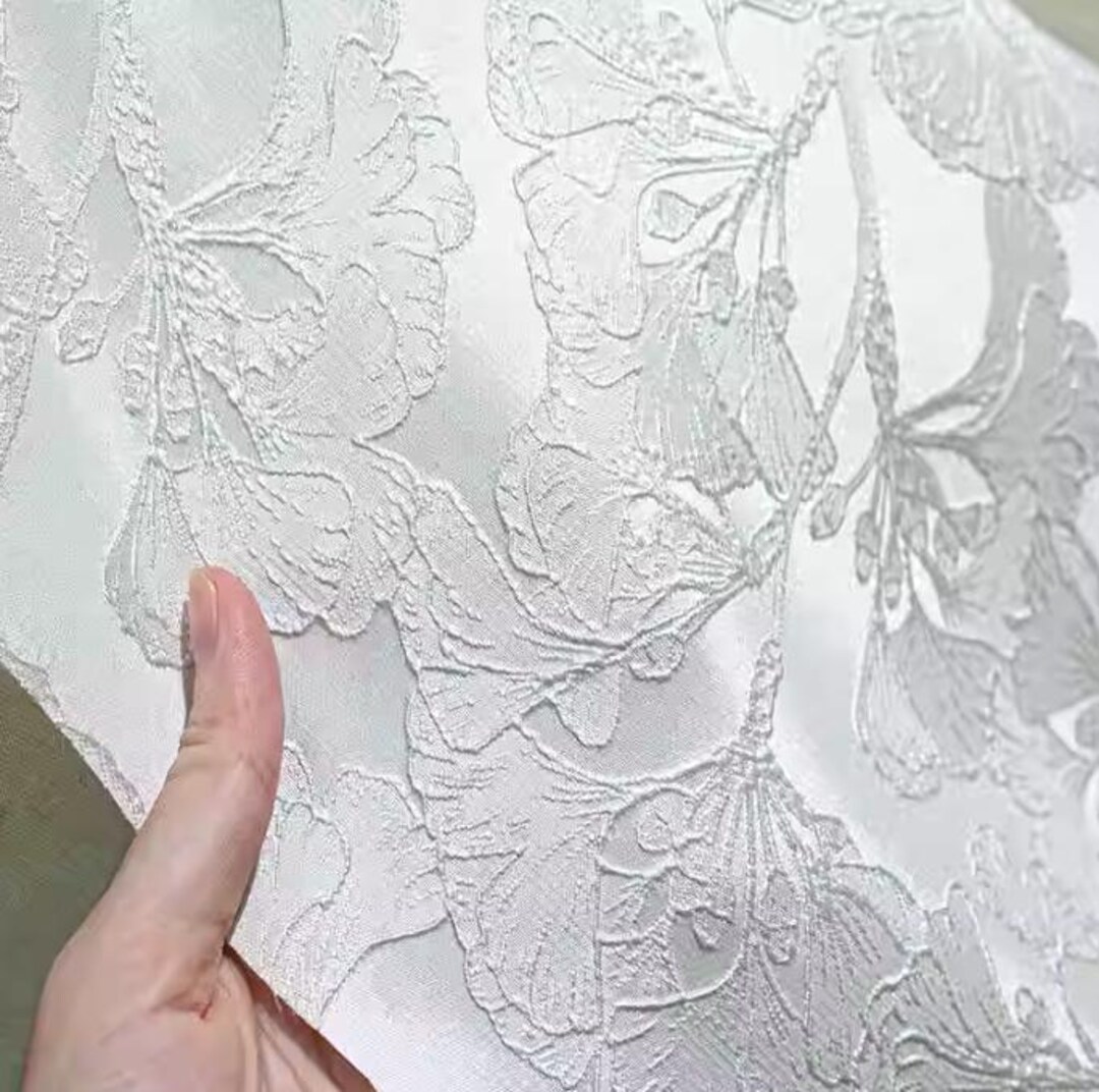 3D Ginkgo Leaf Pattern Jacquard Fabric, Cream White Color With Ginkgo ...