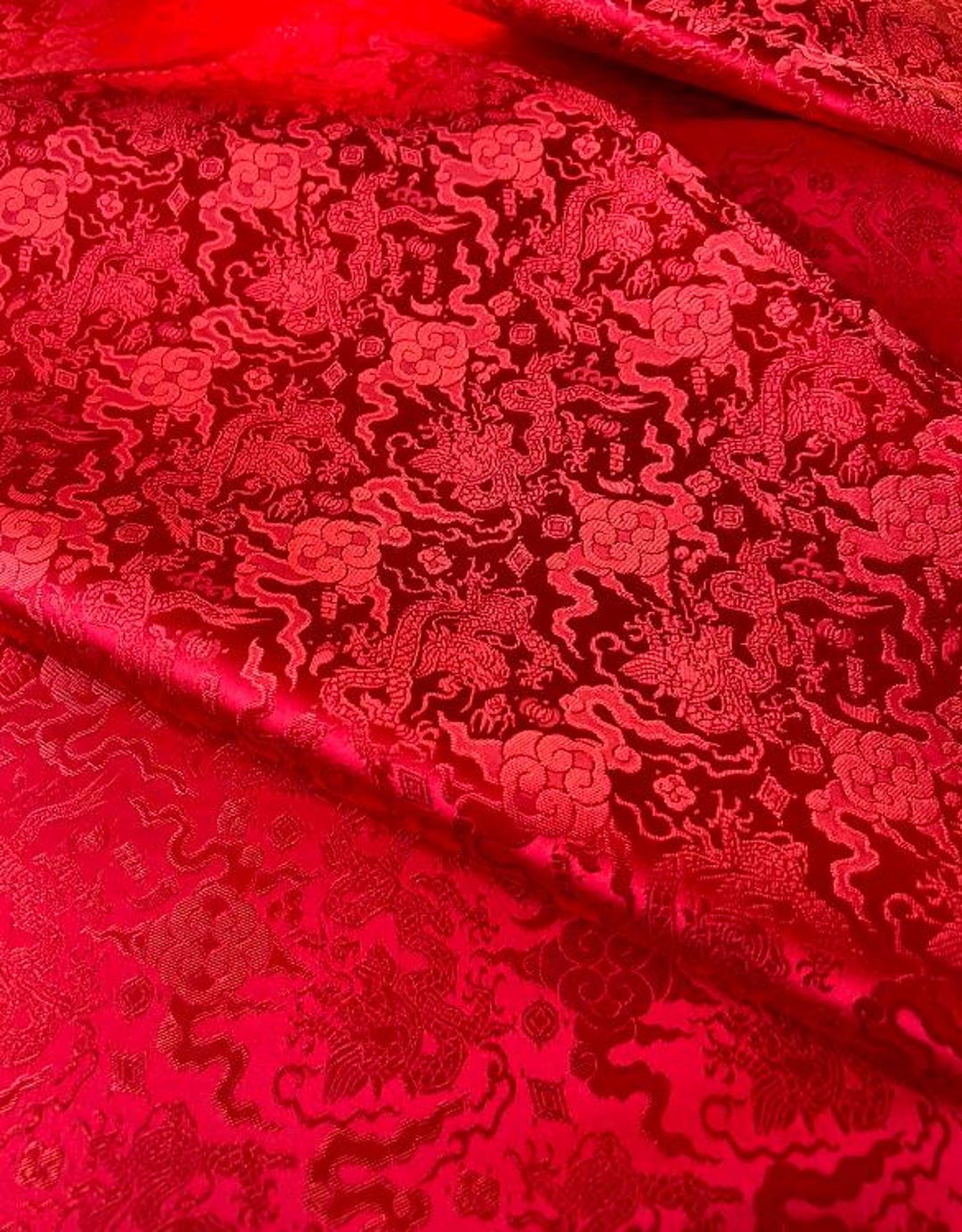Red Color Brocade Fabric With Dragon Pattern, Jacquard Fabric, Fabric ...