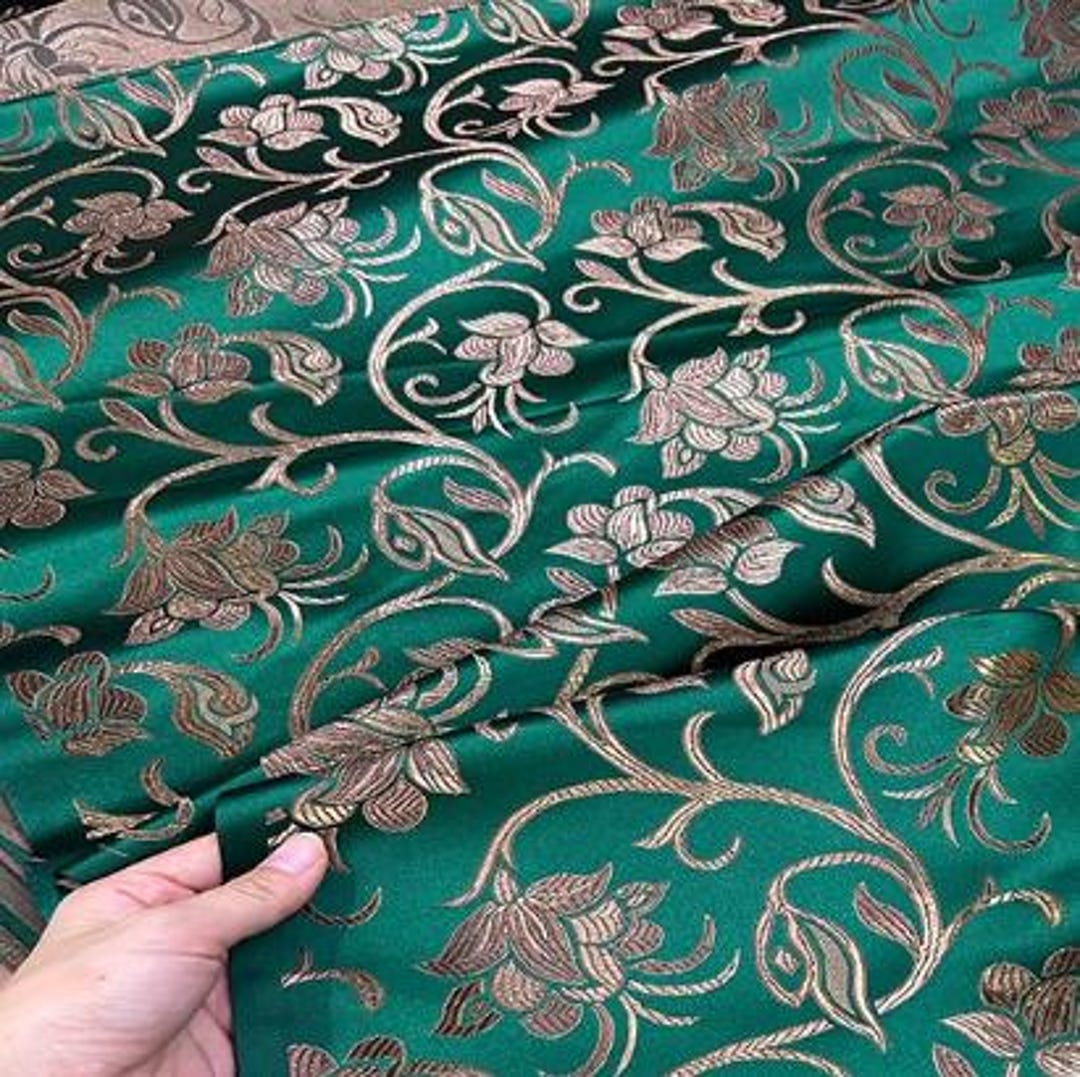 SALE, Deep Green Color Brocade Fabric, Brown Tree Vine Pattern Brocade ...