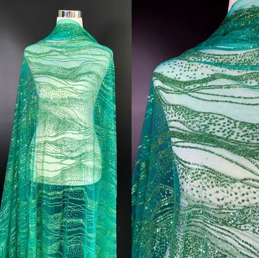 Green Color Mesh Fabric, Water Wave Mesh Fabric, Wedding Glitter Mesh ...