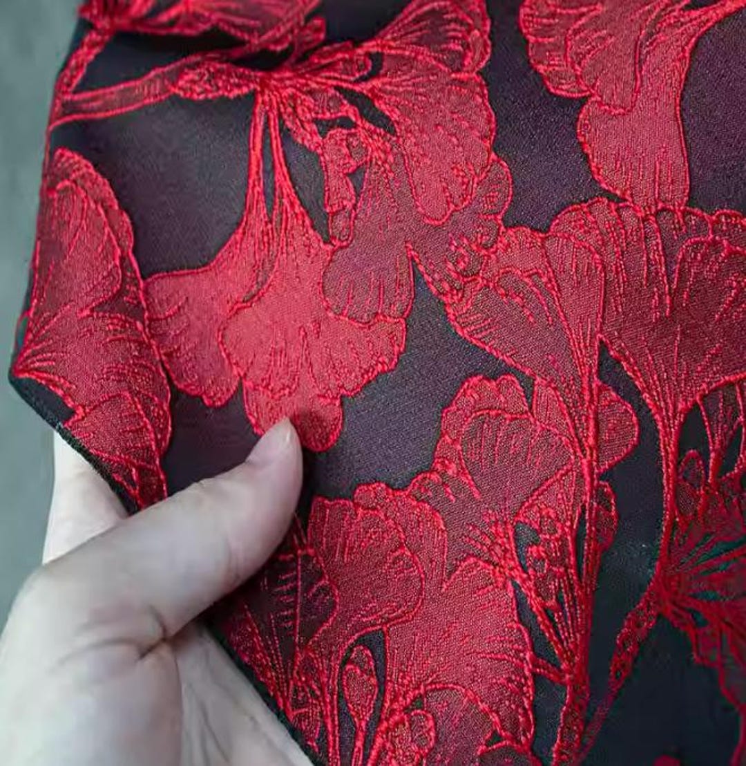 3D Ginkgo Leaf Pattern Jacquard Fabric, Black Color With Red Leaf ...
