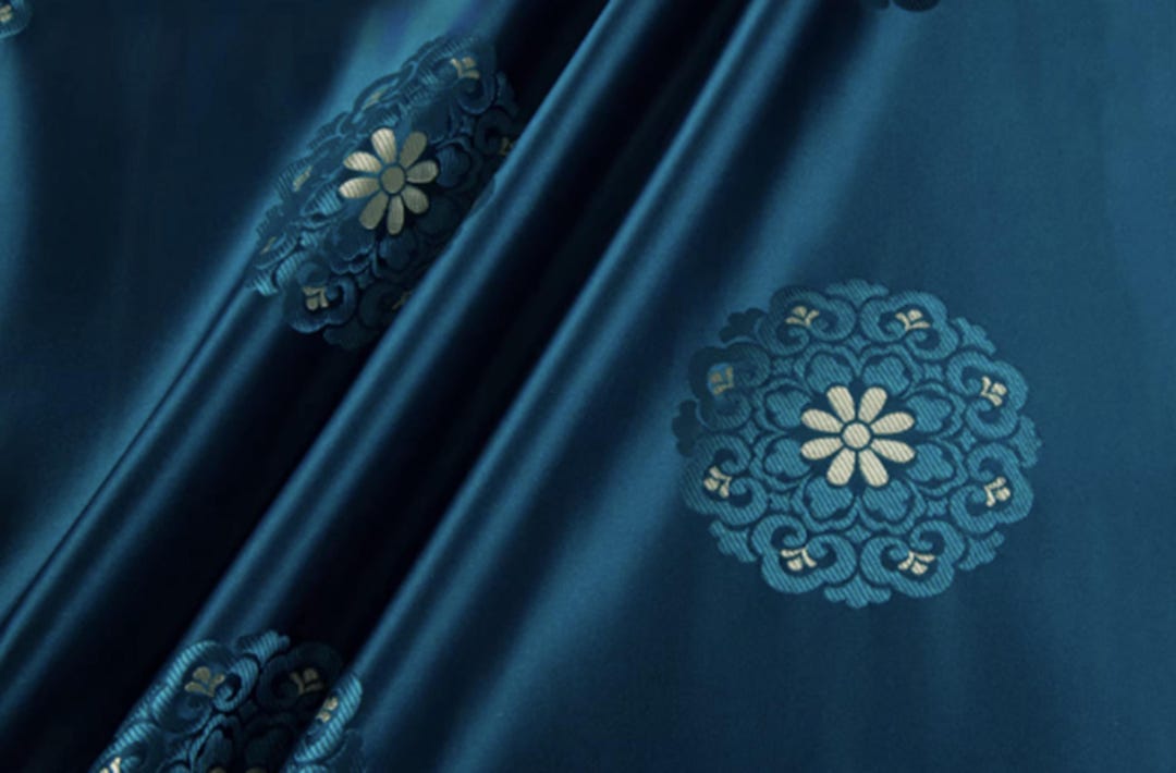 Retro Blue Color With Flower Pattern, Brocade Fabric, Jacquard Dress ...