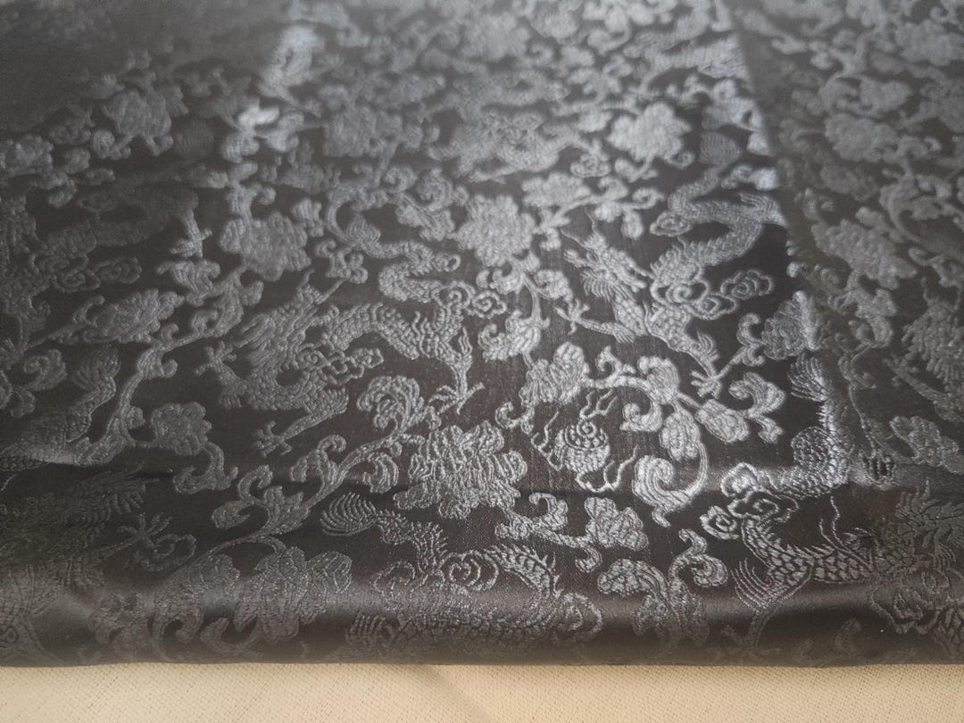 Black Color Brocade Fabric With Black Color Dragon Pattern, Jacquard ...