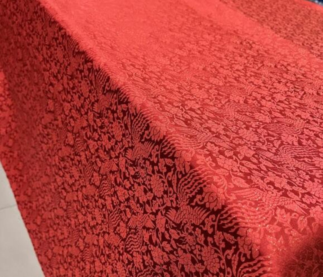 Red Color Brocade Fabric With Phoenix Pattern, Jacquard Fabric, by the ...