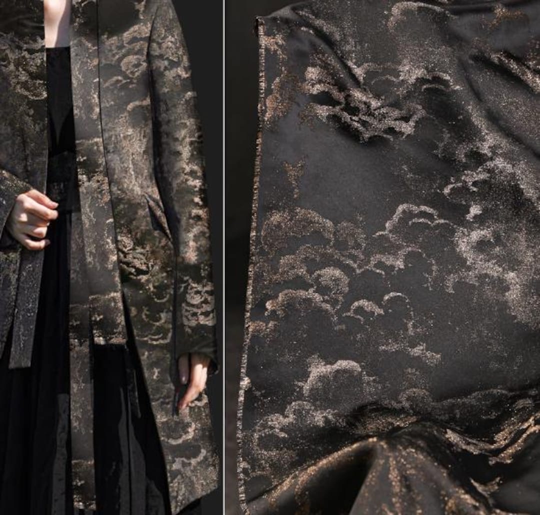 Black Color Jacquard Fabric With Gold Cloud Pattern, Texture Jacquard Fabric, Chinese Style Suit ...