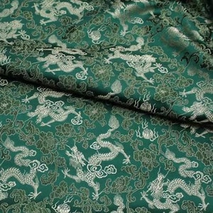Dark Green Color Brocade Fabric With Chinese Gold Dragon Pattern ...