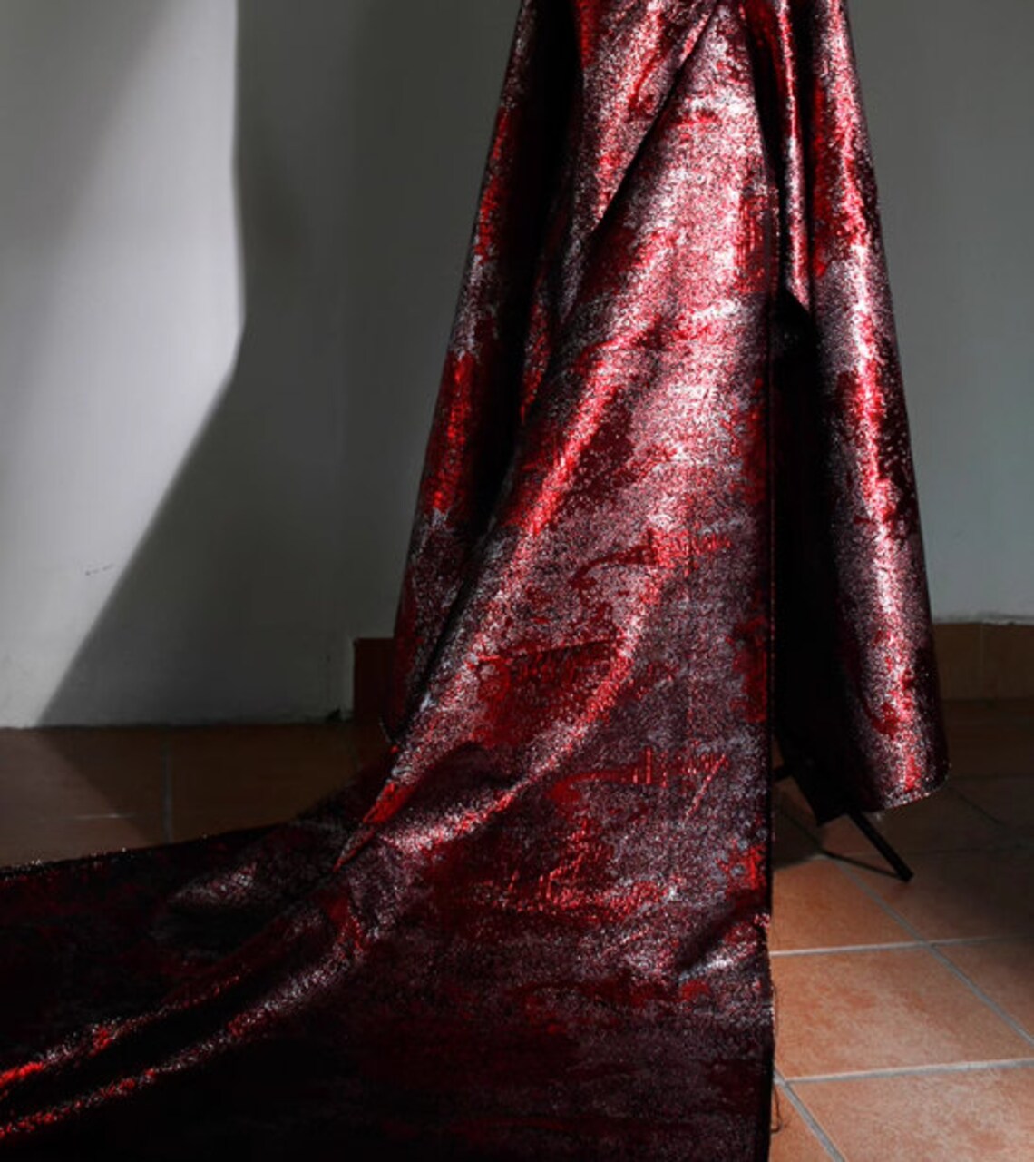 Glossy Texture Jacquard Fabric, Red Black Silver Color Coat Pants ...
