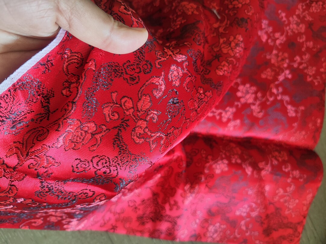 Red Color Brocade Fabric With Chinese Black Color Dragon Pattern ...