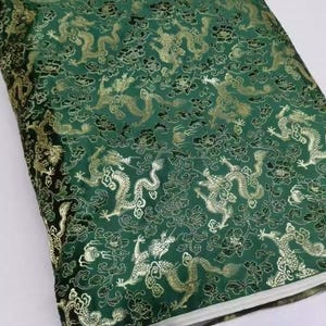 Dark Green Color Brocade Fabric With Chinese Gold Dragon Pattern ...