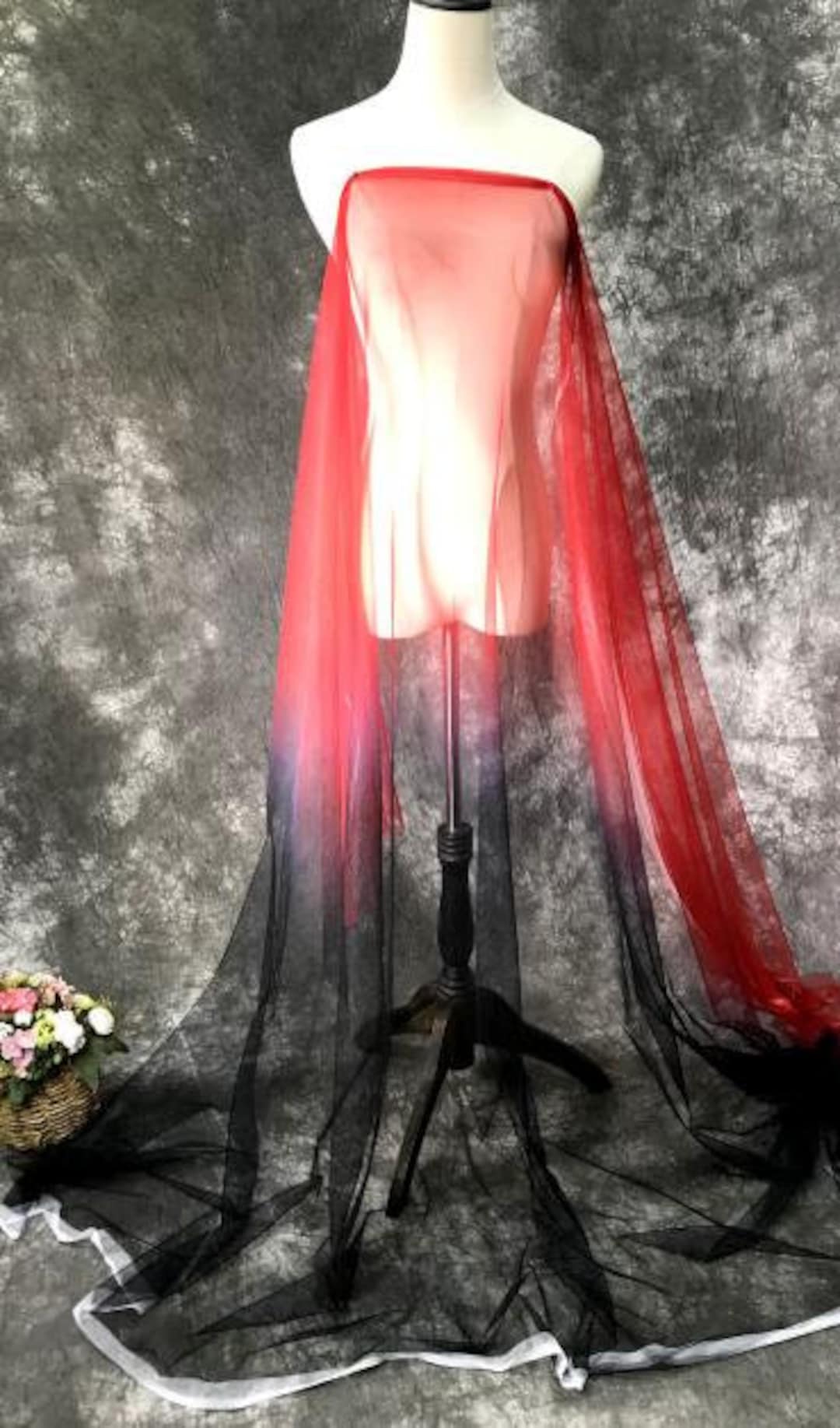Red Black Color Gradient Mesh Fabric, Wedding Party Dress Fabric, Soft ...