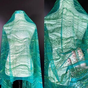 Green Color Mesh Fabric, Water Wave Mesh Fabric, Wedding Glitter Mesh ...