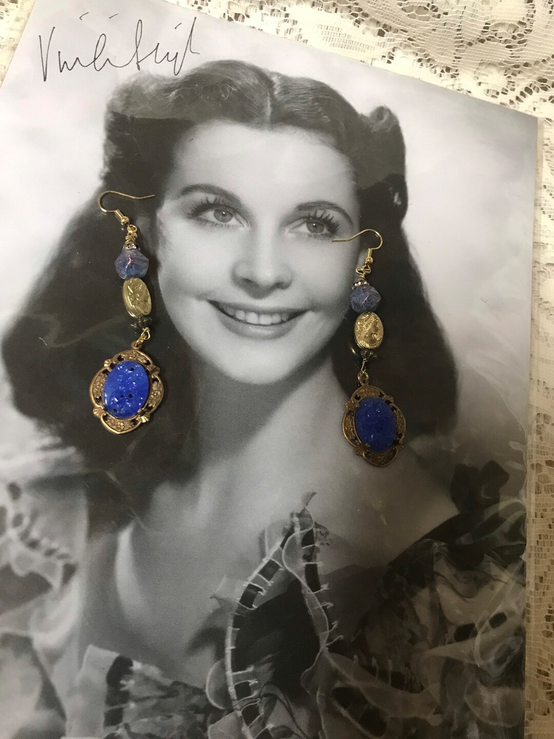 Royal Blue Chinese Cabochons on Filigree Upscaled Repurposed Vintage ...