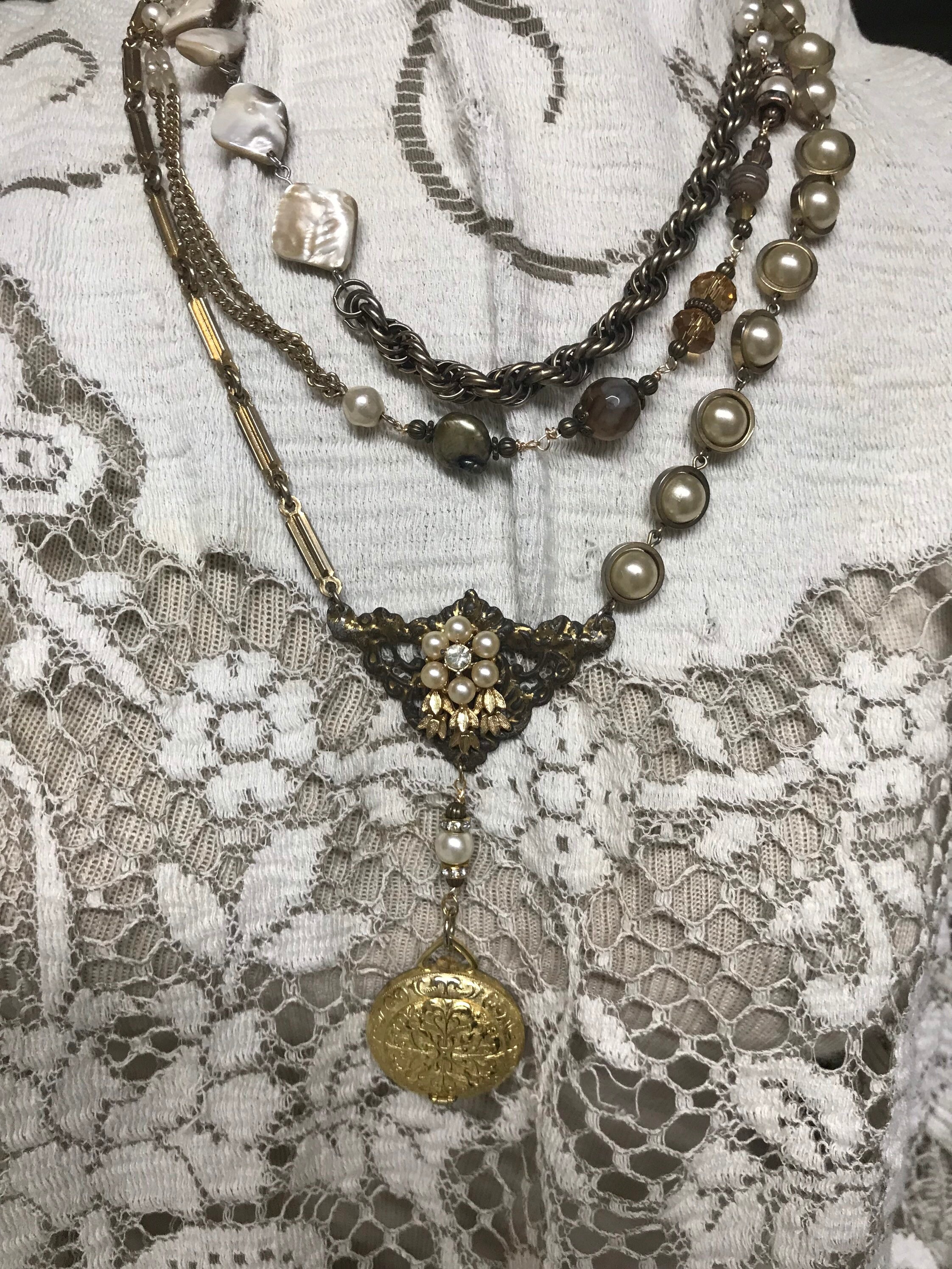Vintage Assemblage Locket Hardware Multistrand Art Nouveau Necklace ...