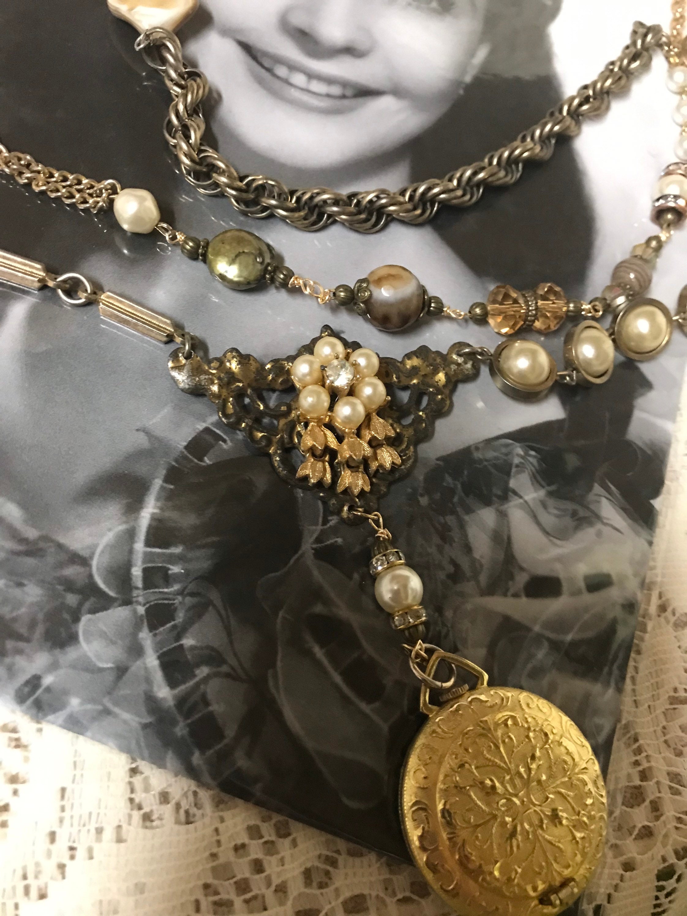 Vintage Assemblage Locket Hardware Multistrand Art Nouveau Necklace ...