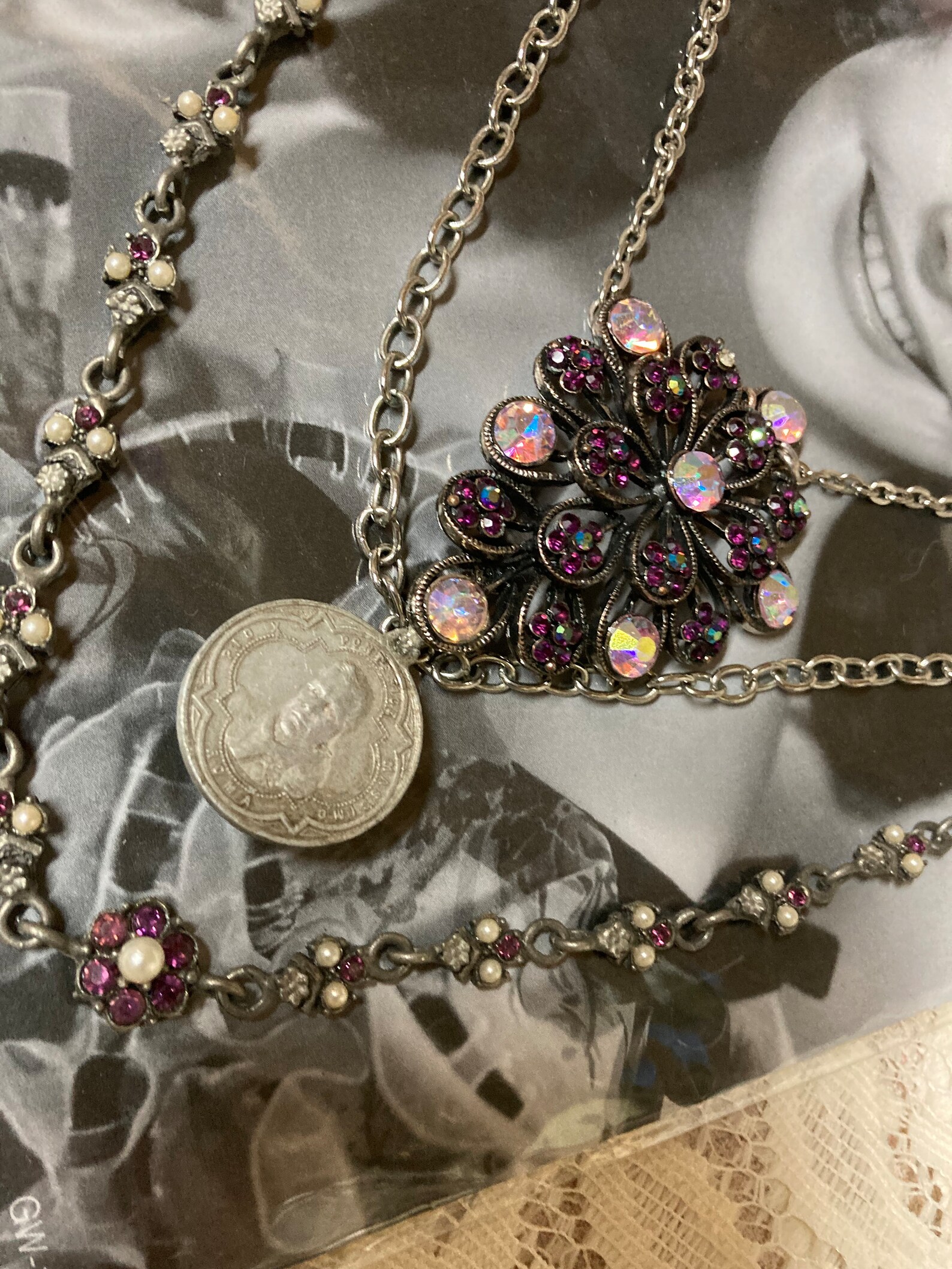 PURPLE OPULENCE Vintage Assemblage Multistrand Necklace Religious Coin ...