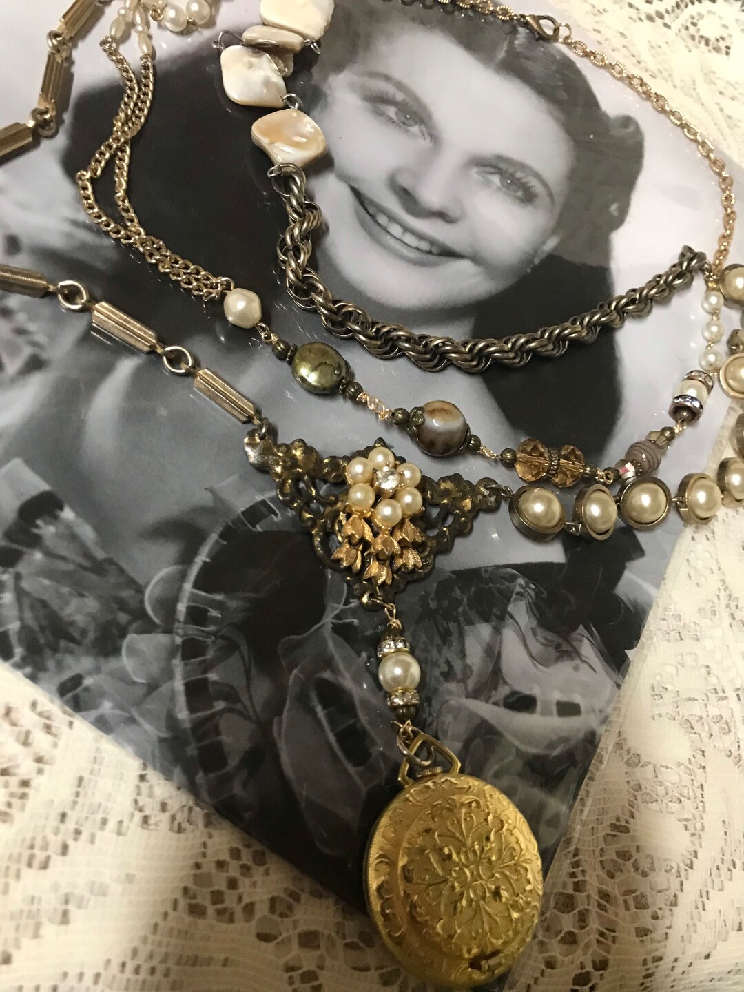 Vintage Assemblage Locket Hardware Multistrand Art Nouveau Necklace ...