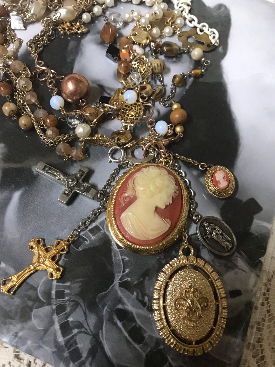 CAMEOS Multistrand Religious Coin Cross Wrap Around Chunky Mosaic ...