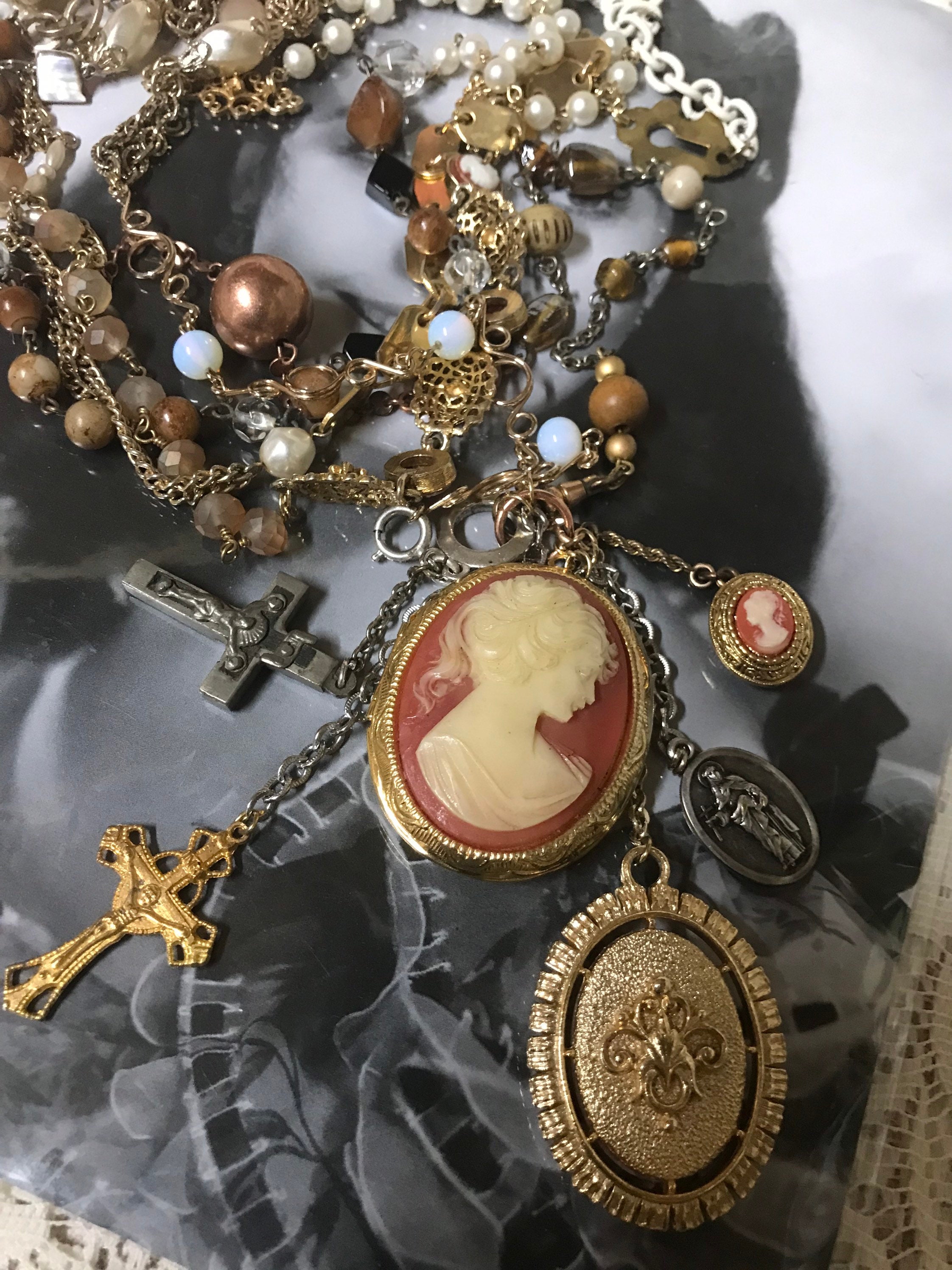 CAMEOS Multistrand Religious Coin Cross Wrap Around Chunky Mosaic ...