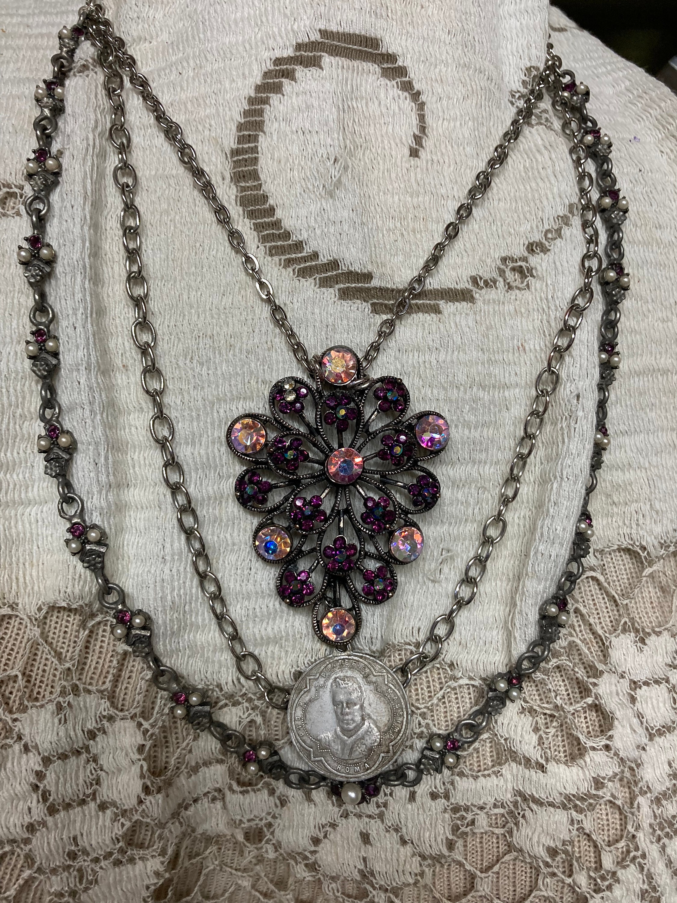 PURPLE OPULENCE Vintage Assemblage Multistrand Necklace Religious Coin ...