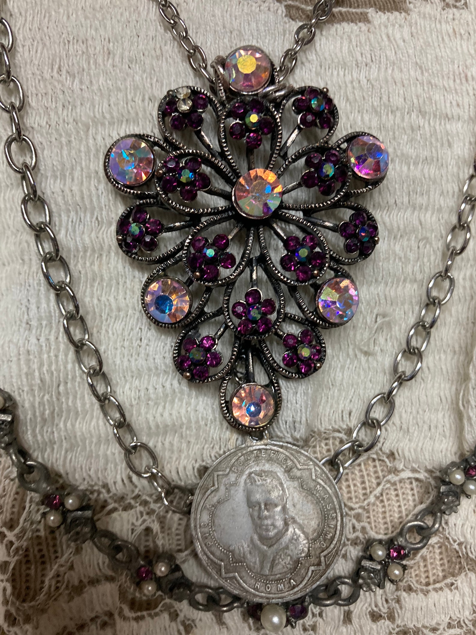 PURPLE OPULENCE Vintage Assemblage Multistrand Necklace Religious Coin ...